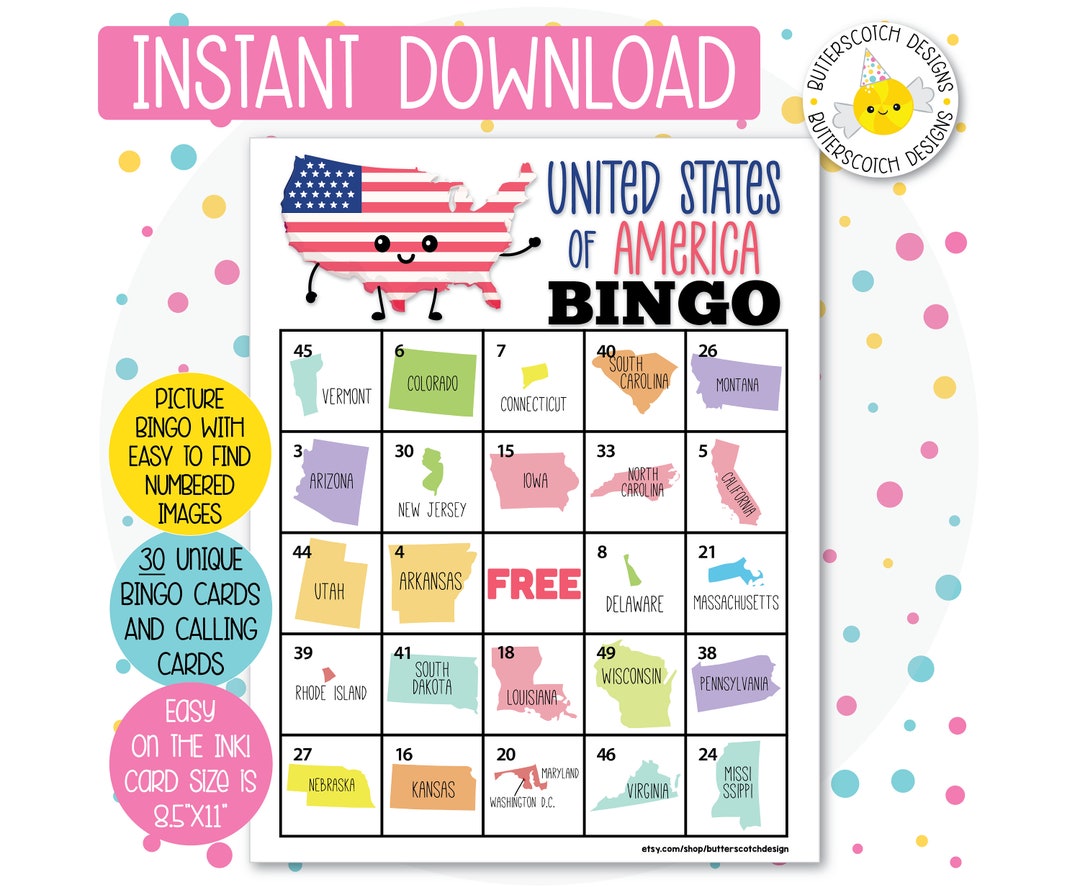 30 United States of America State Printable Bingo Cards (30 Different ...