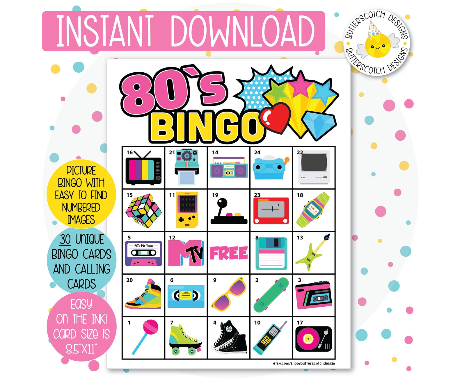 30 80s Retro Themed Printable Bingo Cards (30 Different Cards ...