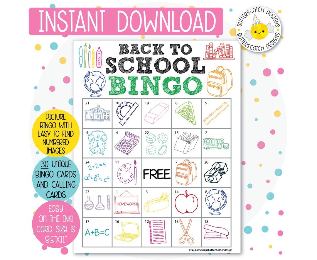 Back to School Printable Bingo Cards 30 Different Cards Instant ...