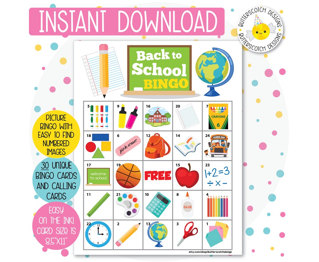 School / Back to School Printable Bingo Cards 30 Different Cards ...