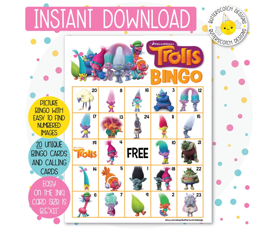 20 Trolls Printable Bingo Cards (20 Different Cards) - Instant Download ...