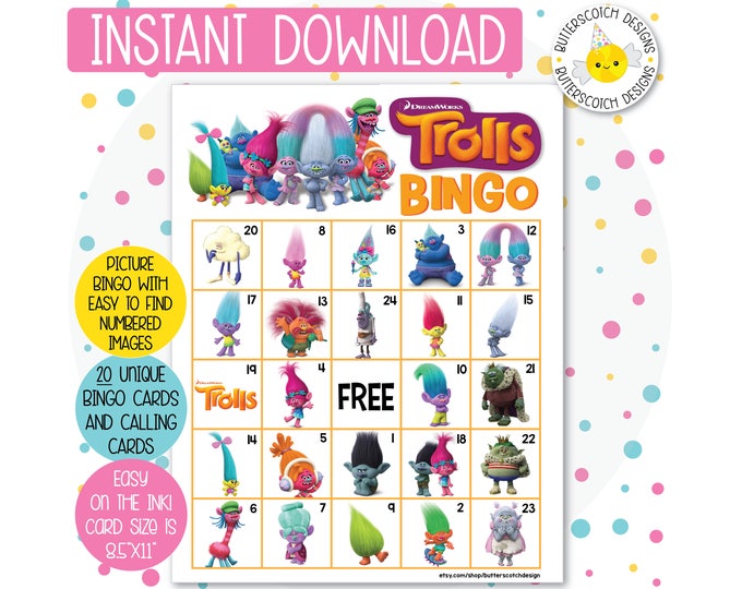 Trolls Movie Birthday Party Bingo Game Plus Matching Game 30 BINGO ...