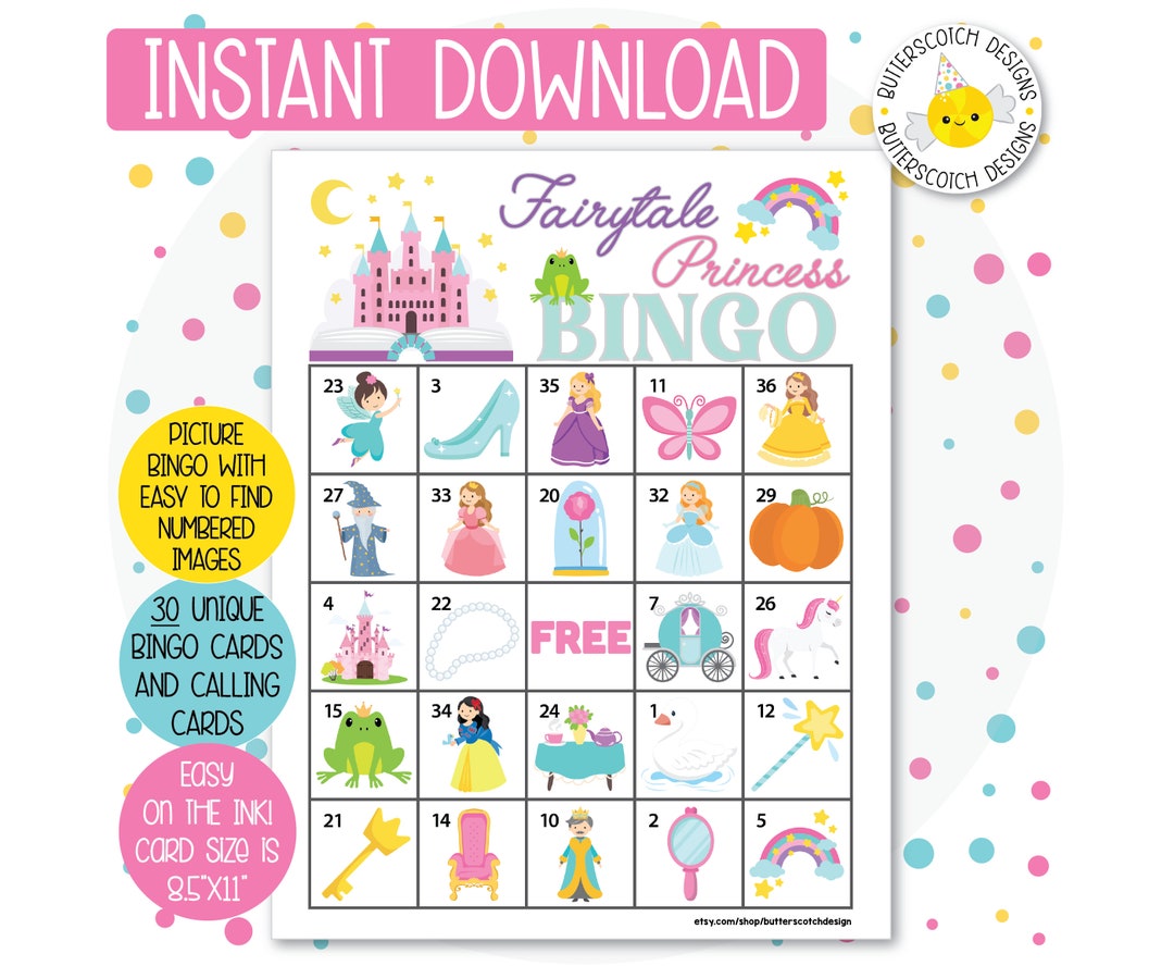 Fairytale Princess Printable Bingo Cards 30 Different Cards Instant ...