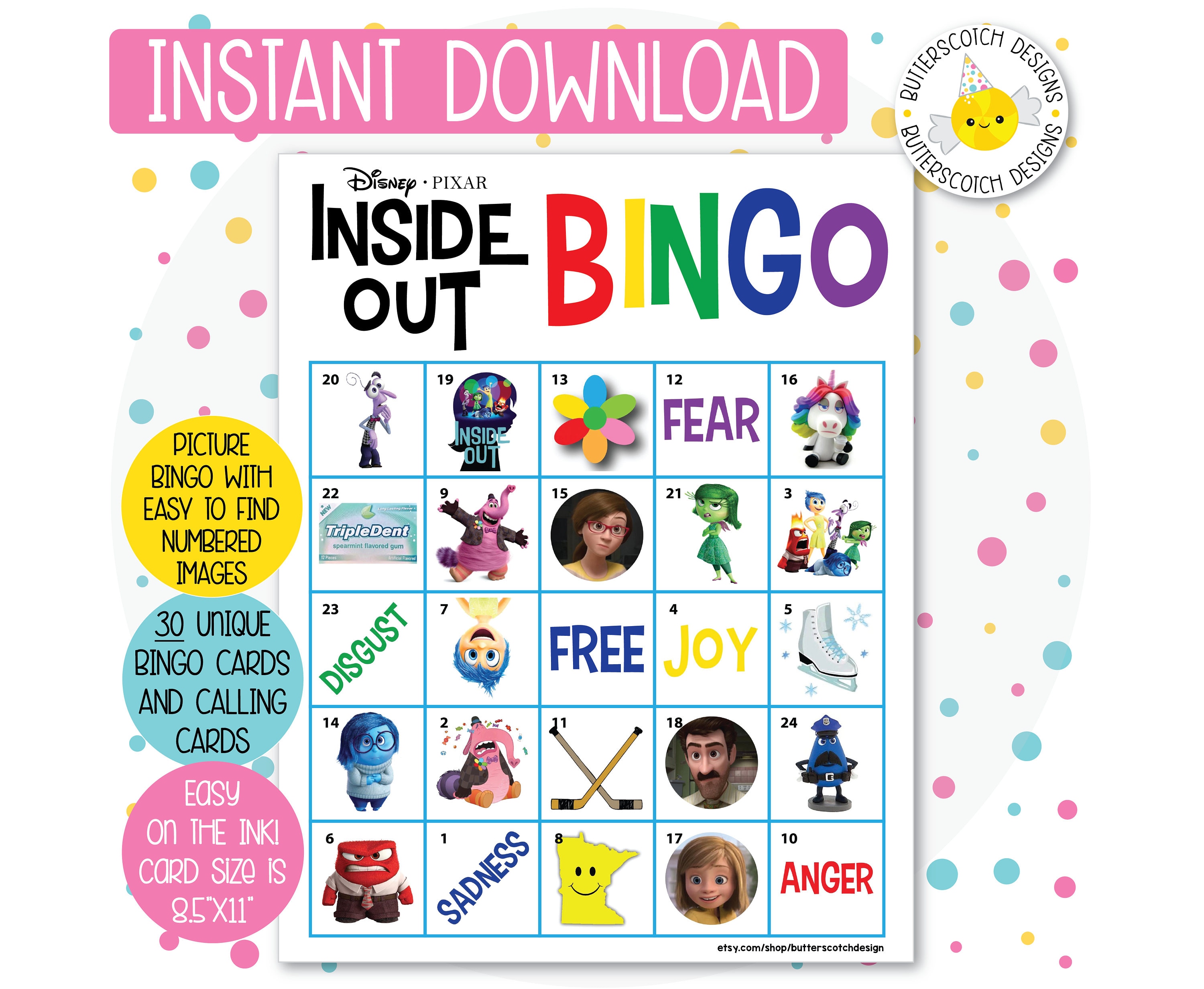 30 Inside Out Printable Bingo Cards (30 Different Cards) - Instant ...