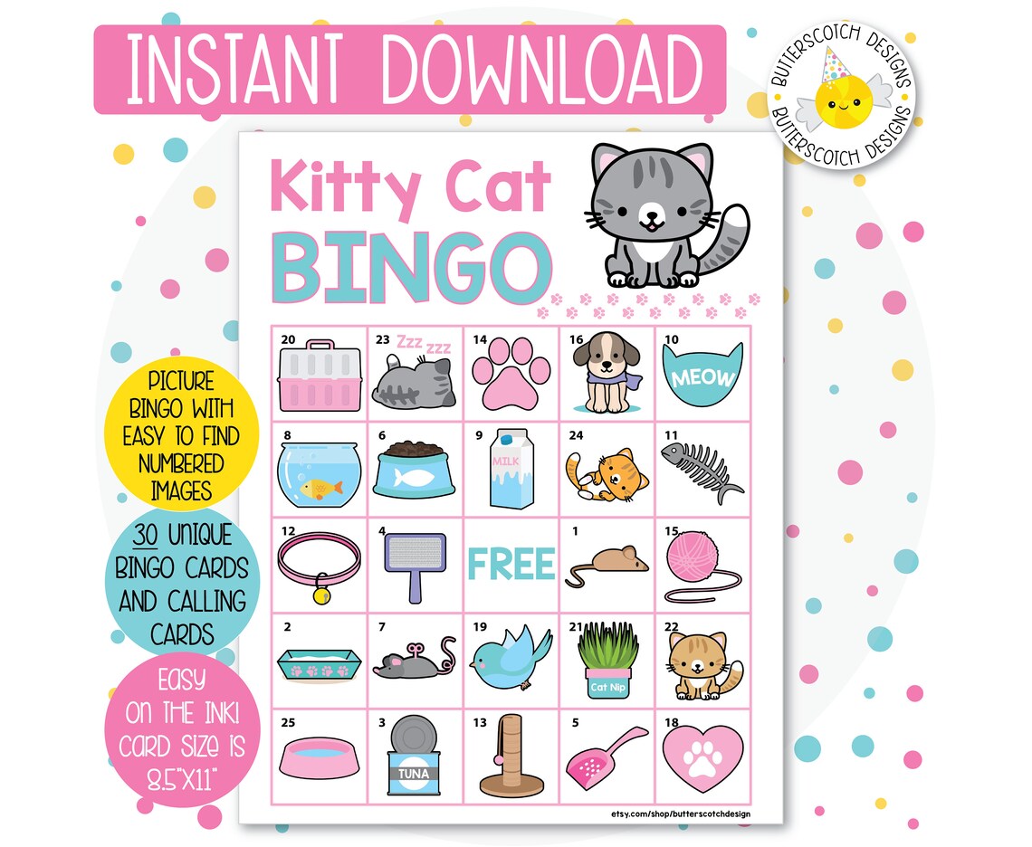 Kitty Cat Printable Bingo Cards 30 Different Cards Instant | Etsy