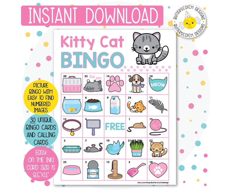 Kitty Cat Printable Bingo Cards 30 Different Cards Instant - Etsy