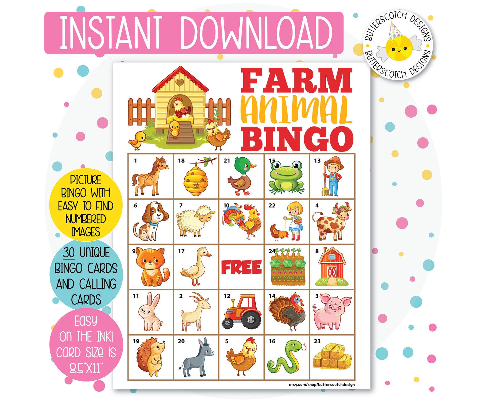 Farm Animal Bingo Cards 30 Different Cards Instant | Etsy