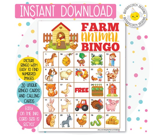 Farm Animal Bingo Cards 30 Different Cards Instant | Etsy