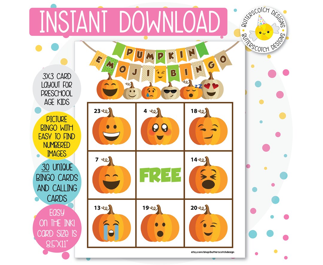 Pumpkin Emoji Printable 3x3 Bingo Cards 30 Different Cards Instant ...