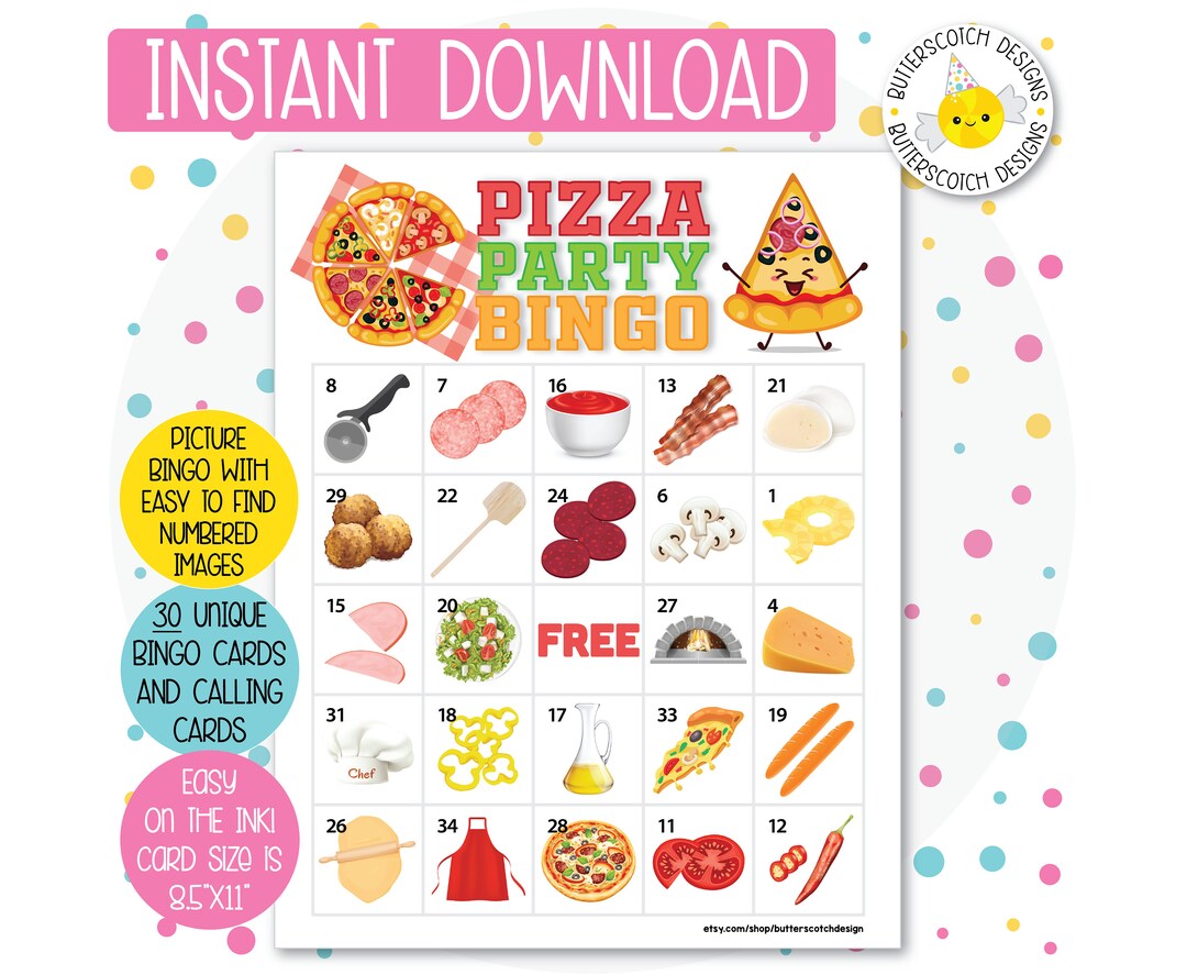 Pizzeria Pizza Party Printable Bingo Cards (30 Different Cards ...