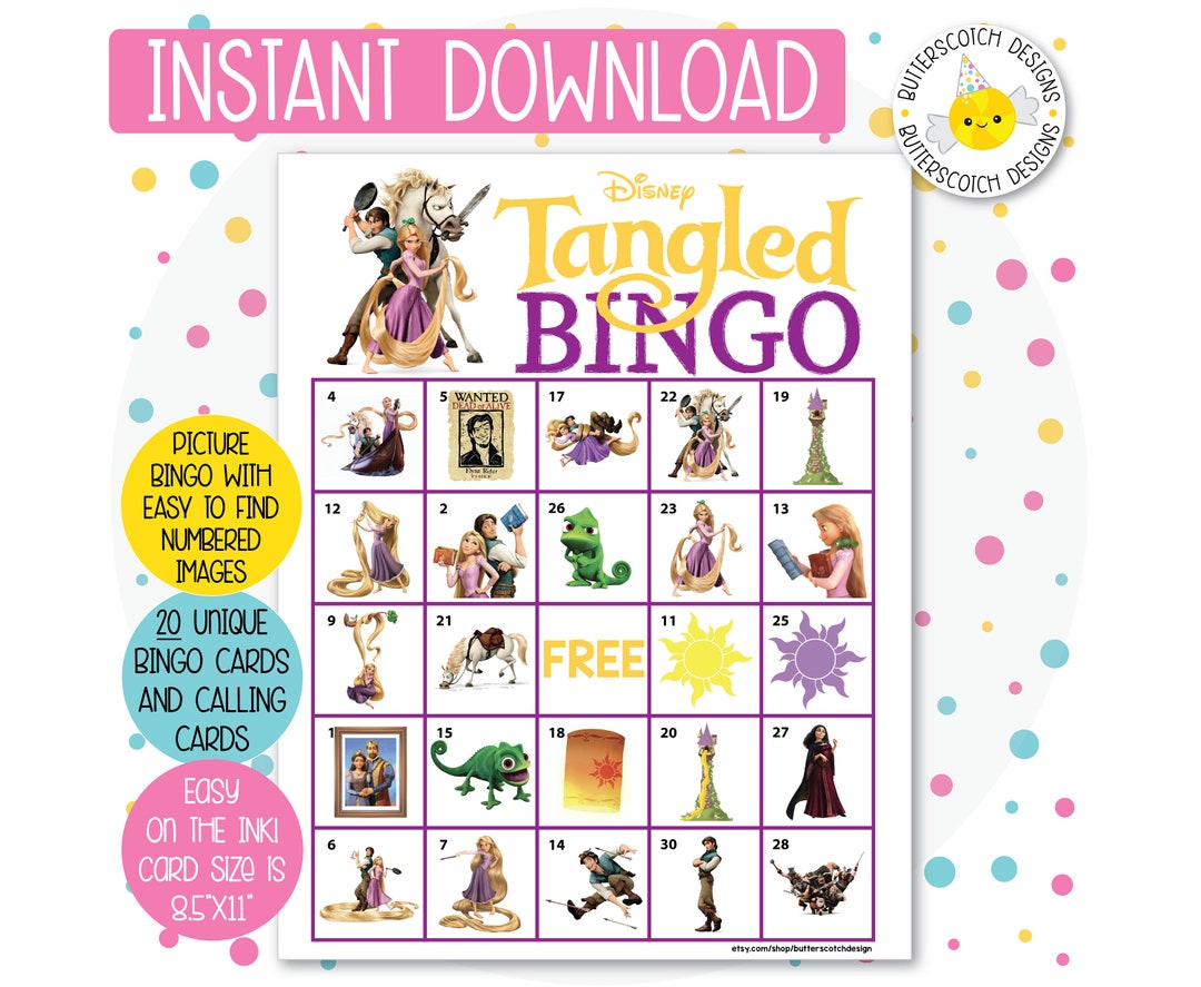 20 Rapunzel Tangled Bingo Cards (20 Different Cards) - Instant Download ...