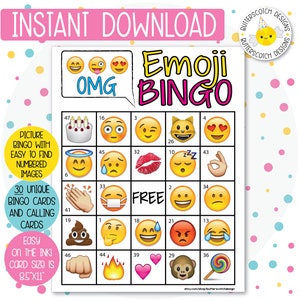 Emoji Printable Bingo Cards 30 Different Cards Instant Download - Etsy