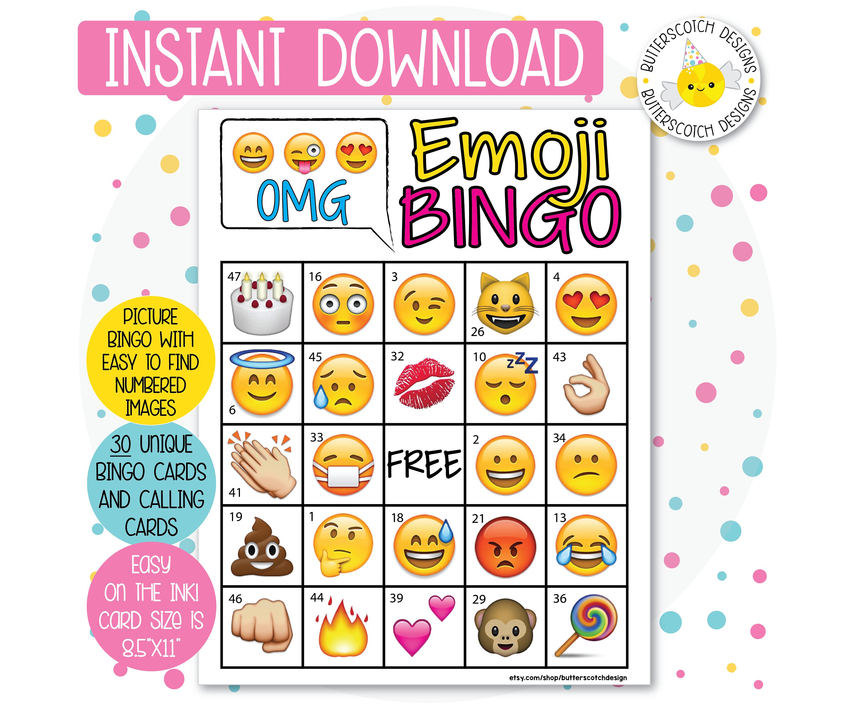 Emoji Printable Bingo Cards 30 Different Cards Instant | Etsy