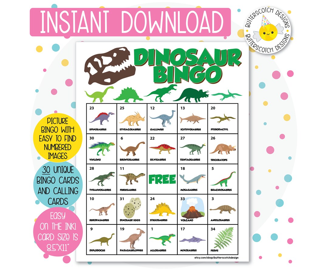 Dinosaur Printable Bingo Cards 30 Different Cards Instant Download - Etsy