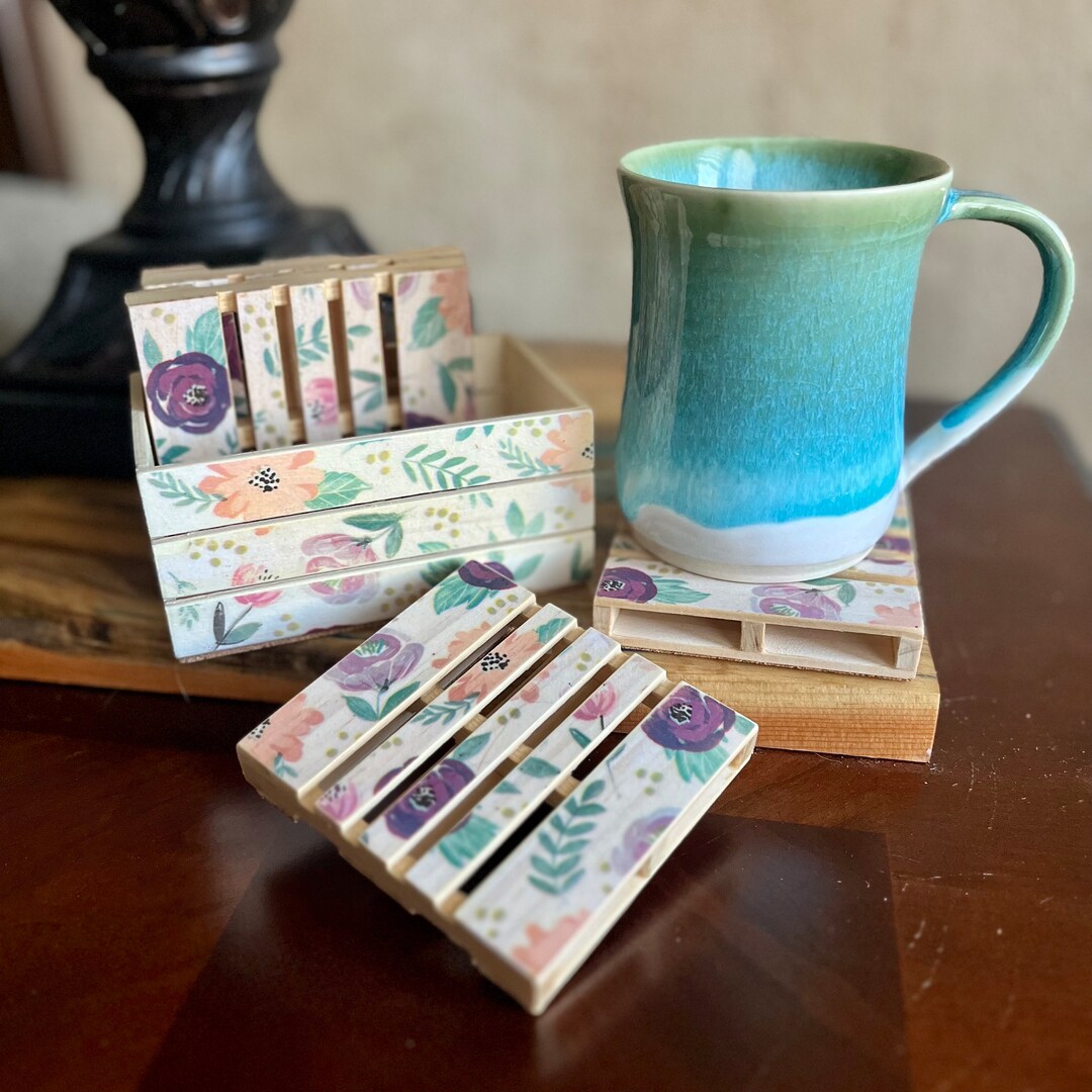 Mini Pallet & Crate Coaster Set Bright Purple Springtime Flowers Print ...