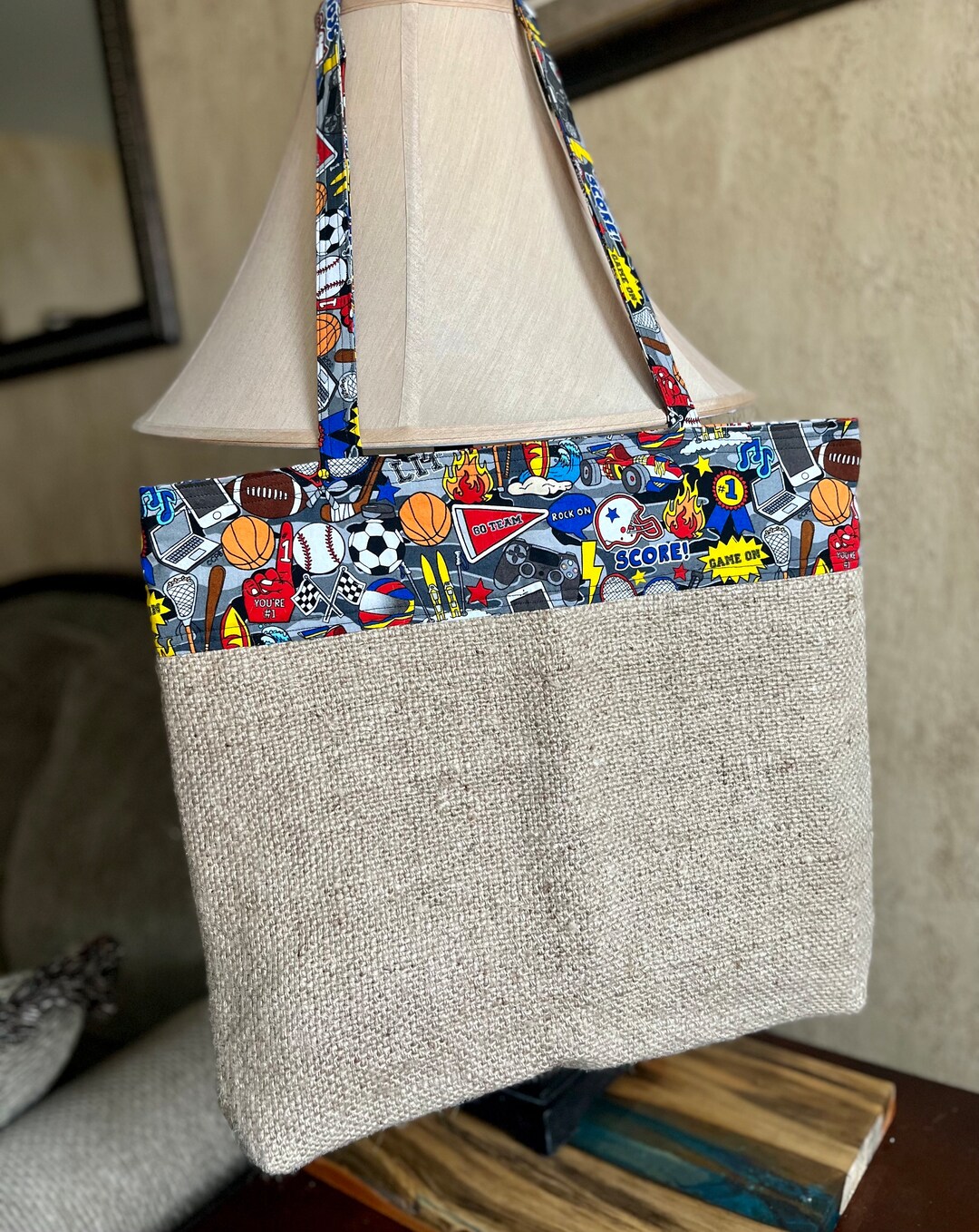 Upcycled Burlap Large Tote Bag Handmade Beach Bag Sports Obsession - Etsy