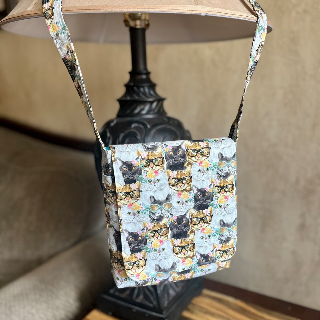 Crossbody Purse. Handmade Kitty Cats With Glasses Print Purse Handmade ...