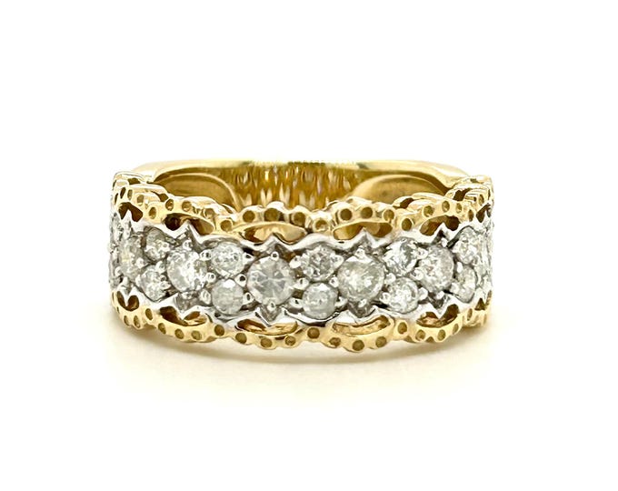 Vintage Icy Diamond Wedding Band: 10K Two-tone Gold Filigree Ring, Size ...