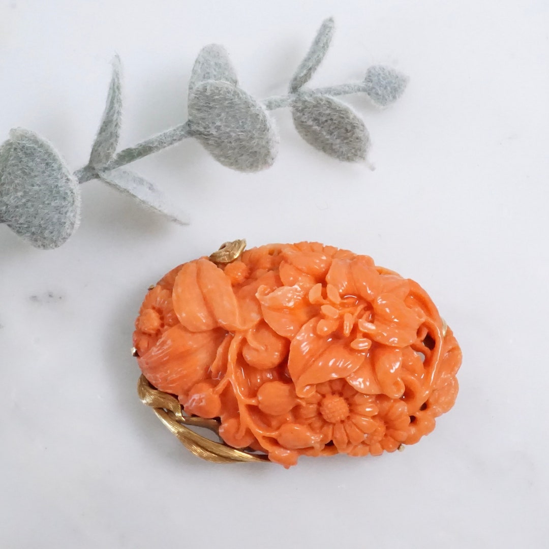 Coral Flower Brooch Pendant 14k, Carved Natural Coral Flower Pin ...