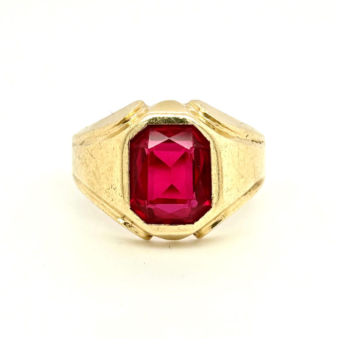14k Gold Synthetic Ruby Signet Ring - Emerald Cut, Size 6.5 - Etsy