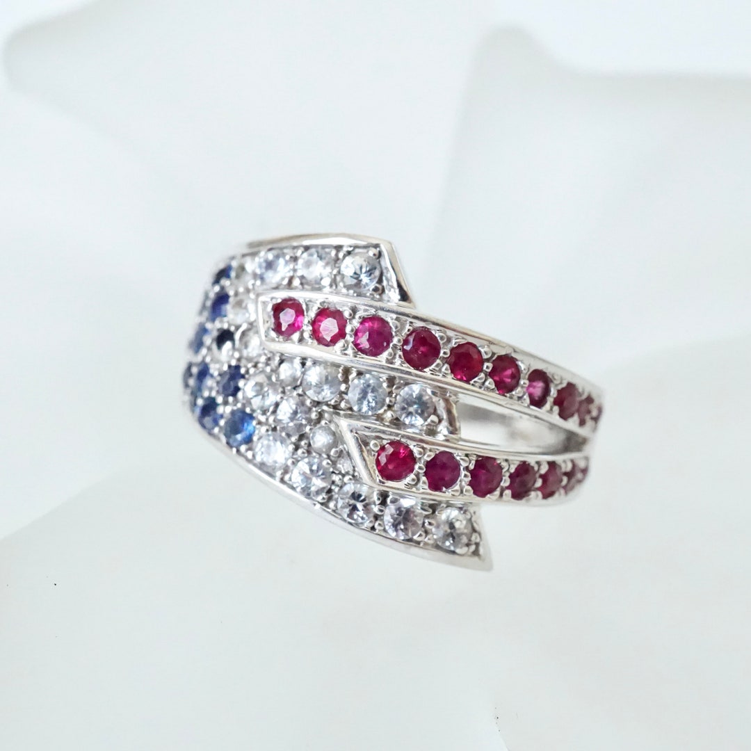Geometric Pavé Gemstone Ring | Red White Blue Sapphires, Rubies, 14k ...