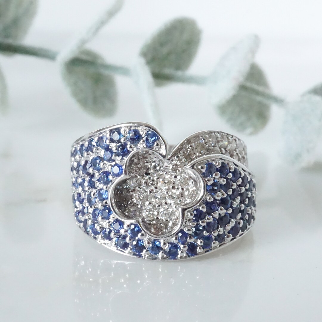 Sapphire Diamond Ring Pave White Gold Lucky Clover Ring - Etsy