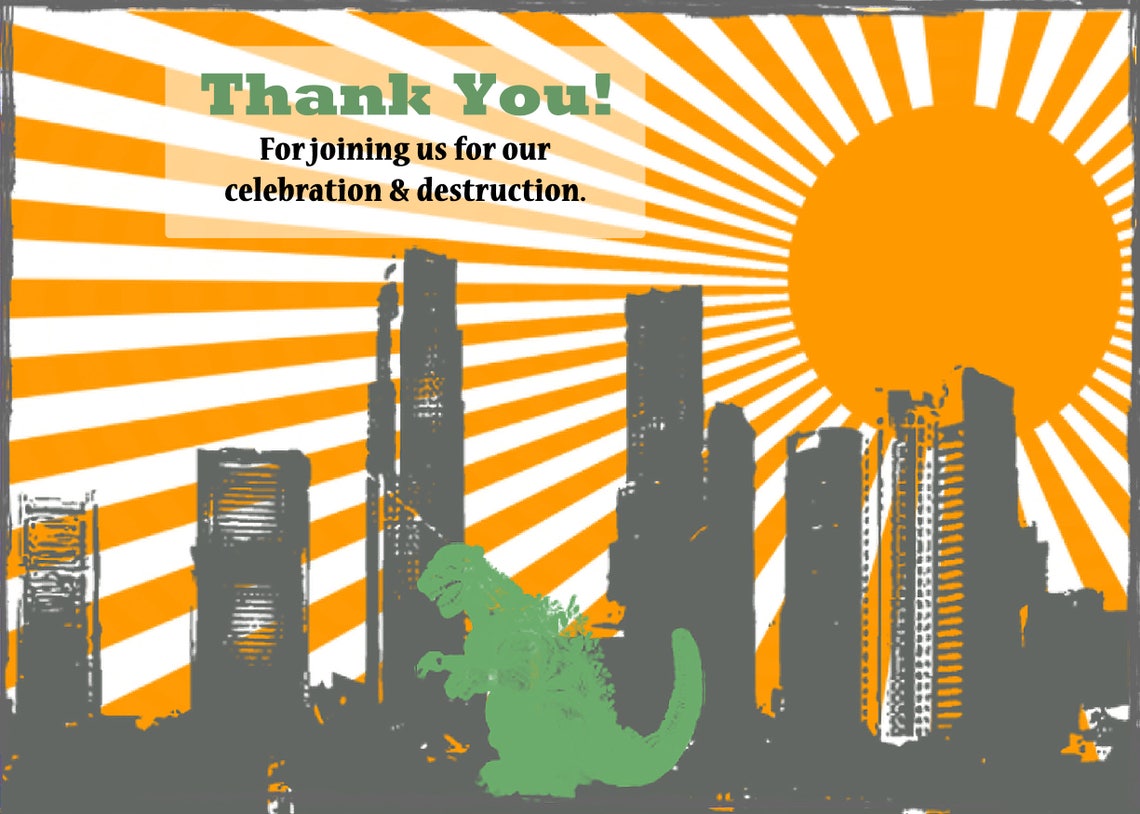 Birthday Party Thank You Card: Godzilla, Dragon, Dinosaur (customizable ...