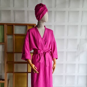 Linen Dressing Gown With Hair Turban, Wrap Kimono Robe With Pockets and ...