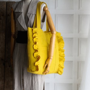 Linen Tote Bag With Ruffles - Custom Color, Natural Linen Shopping Bag ...