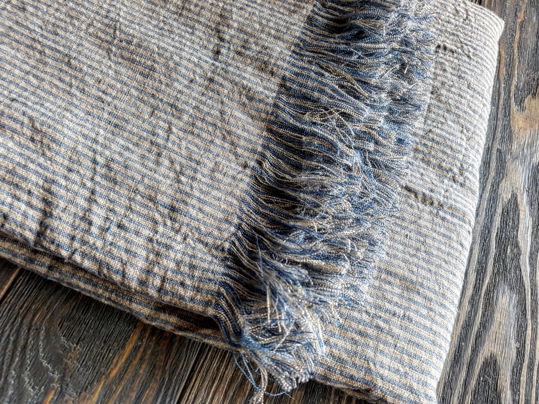 Washed Linen Striped Blanket, Softened Blue Beige Linen Blanket ...