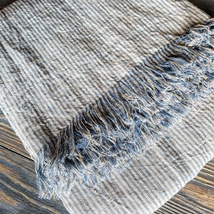 Washed Linen Striped Blanket, Softened Blue Beige Linen Blanket ...