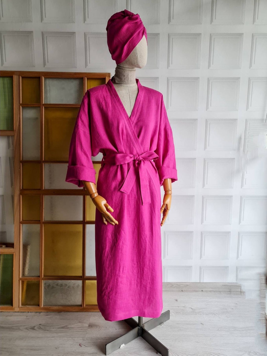 Linen Dressing Gown With Hair Turban, Wrap Kimono Robe With Pockets and ...