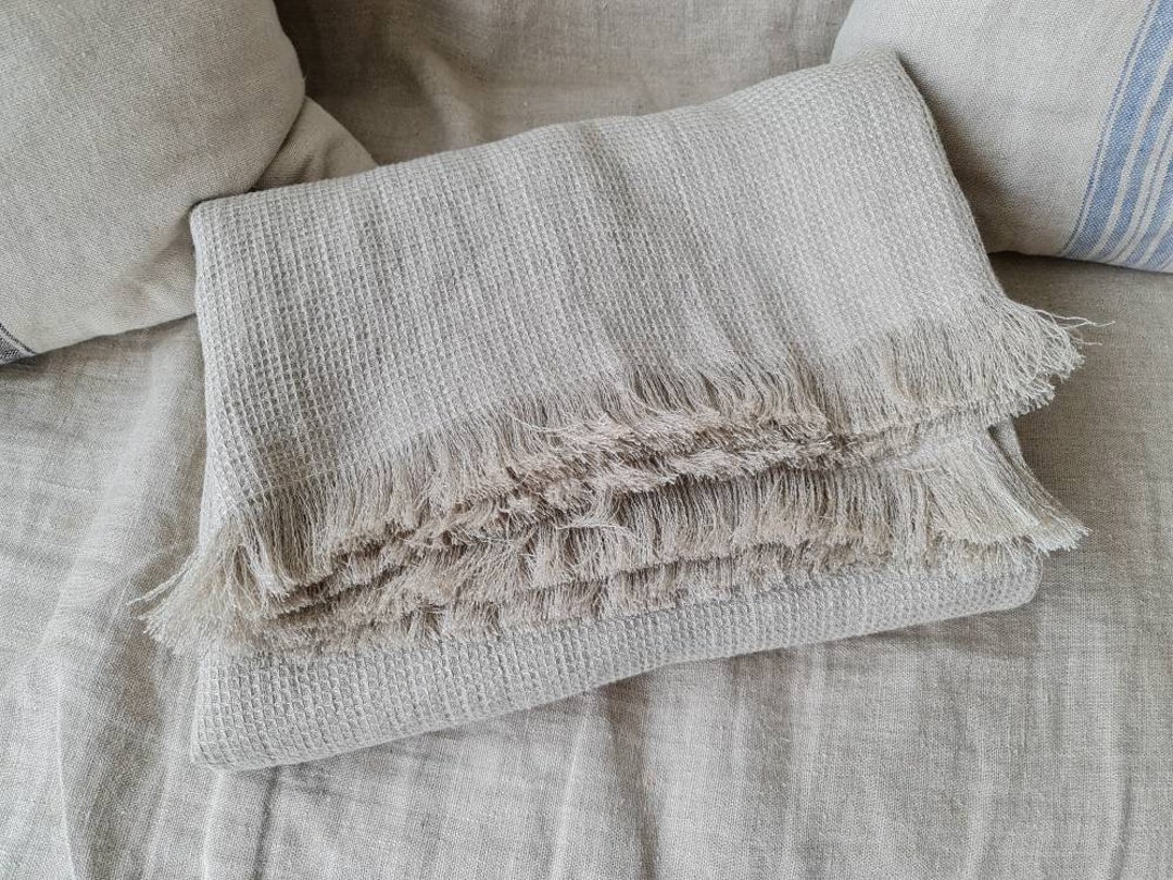 Waffle Linen Blanket, Fringed Rustic Linen Blanket, Undyed Linen ...