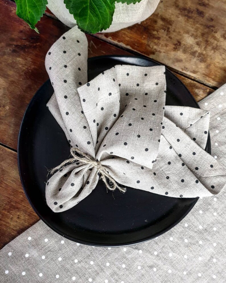 Beige Black Dots Linen Table Runner Washed Linen Farmhouse - Etsy