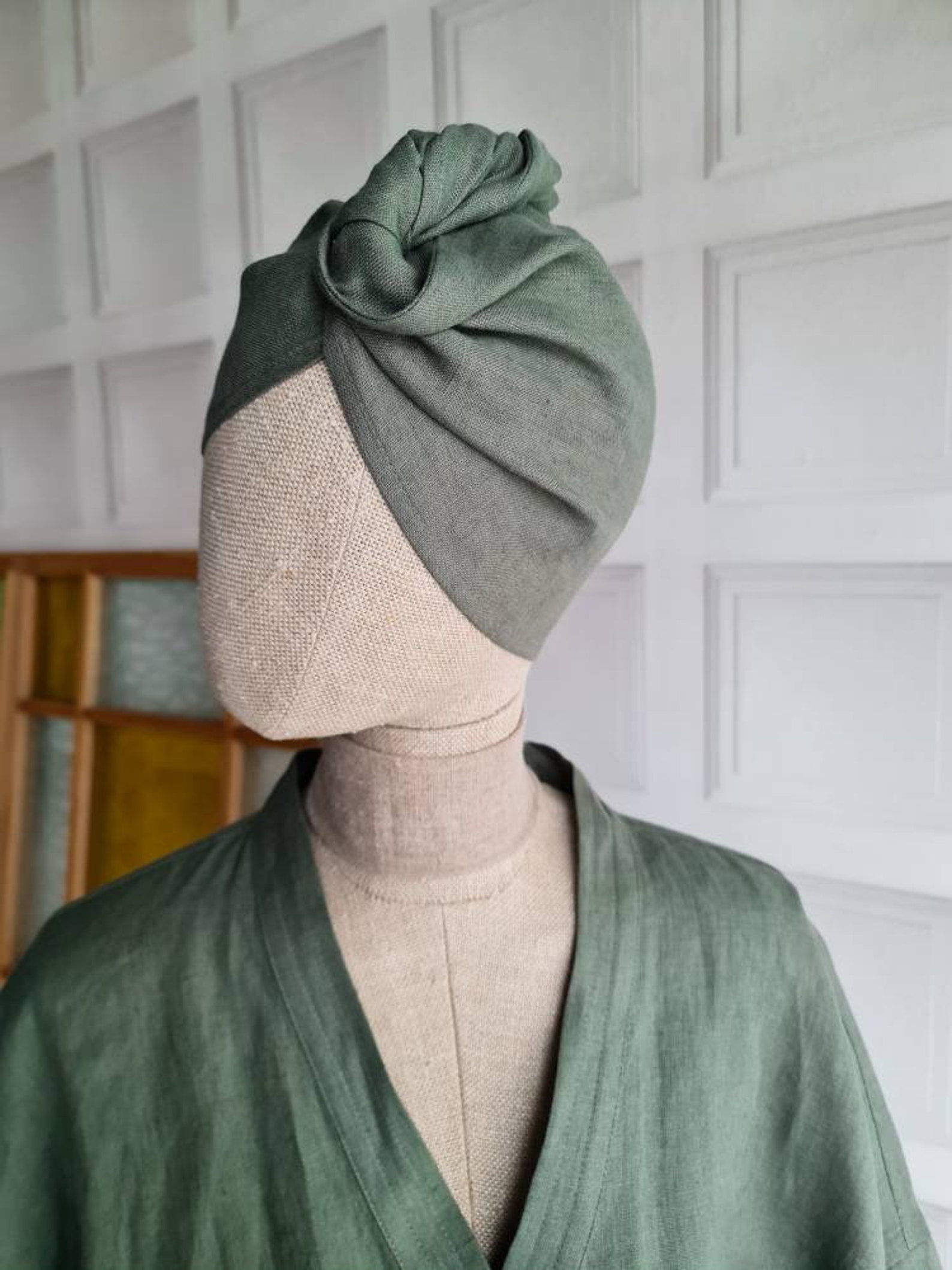 Linen Dressing Gown With Hair Turban Natural Linen Kimono - Etsy