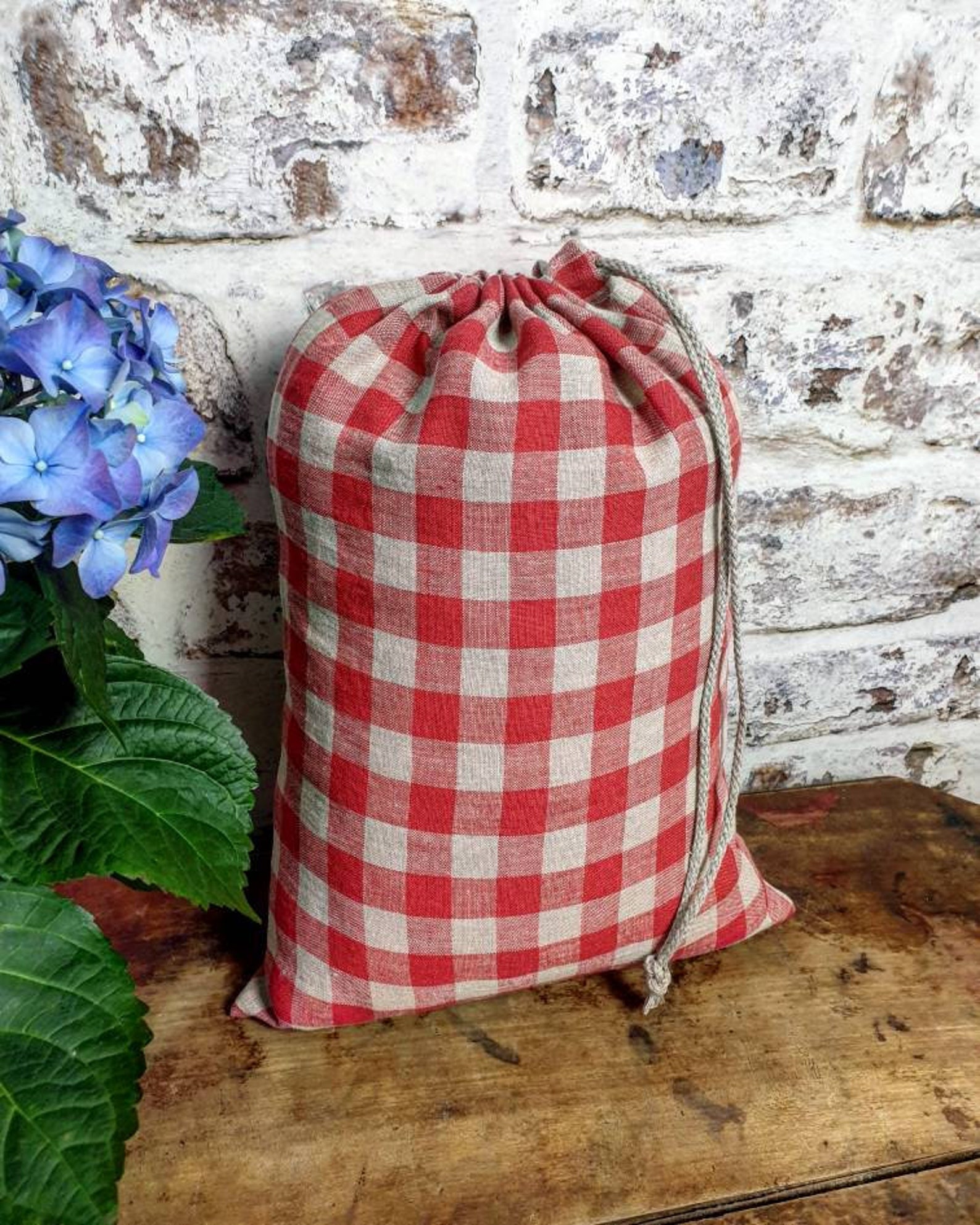 Checked Linen Drawstring Bag Checks Linen Bread Loaf Bag With - Etsy