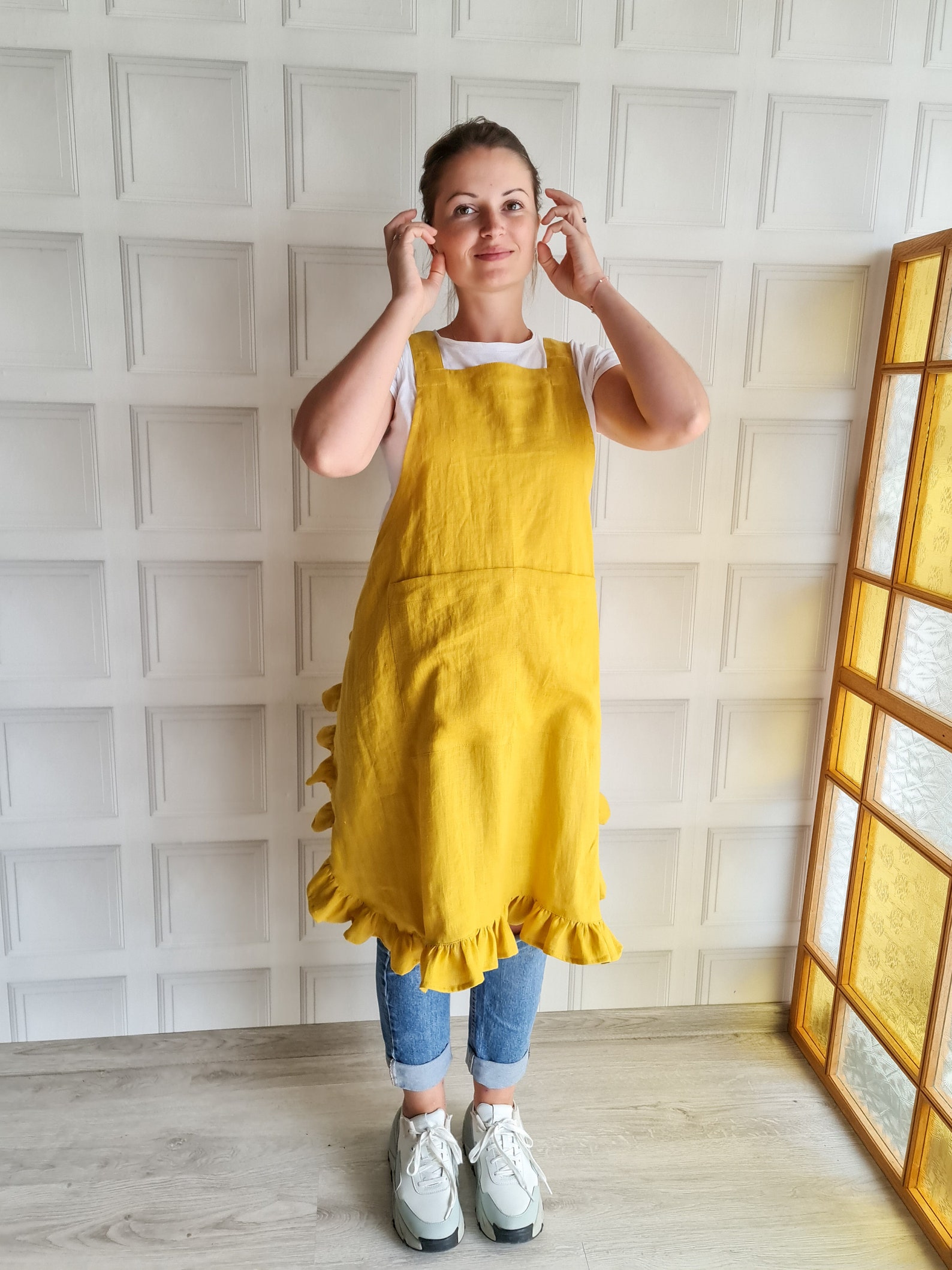 Linen Apron With Ruffles, Cross Back Ruffled Linen Apron, No Ties ...