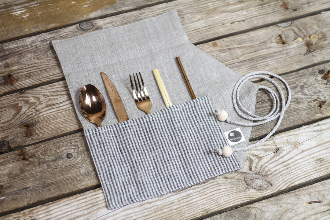 Linen Cutlery Roll, Travel Utensil Case, Cutlery Bag for Lunch ...