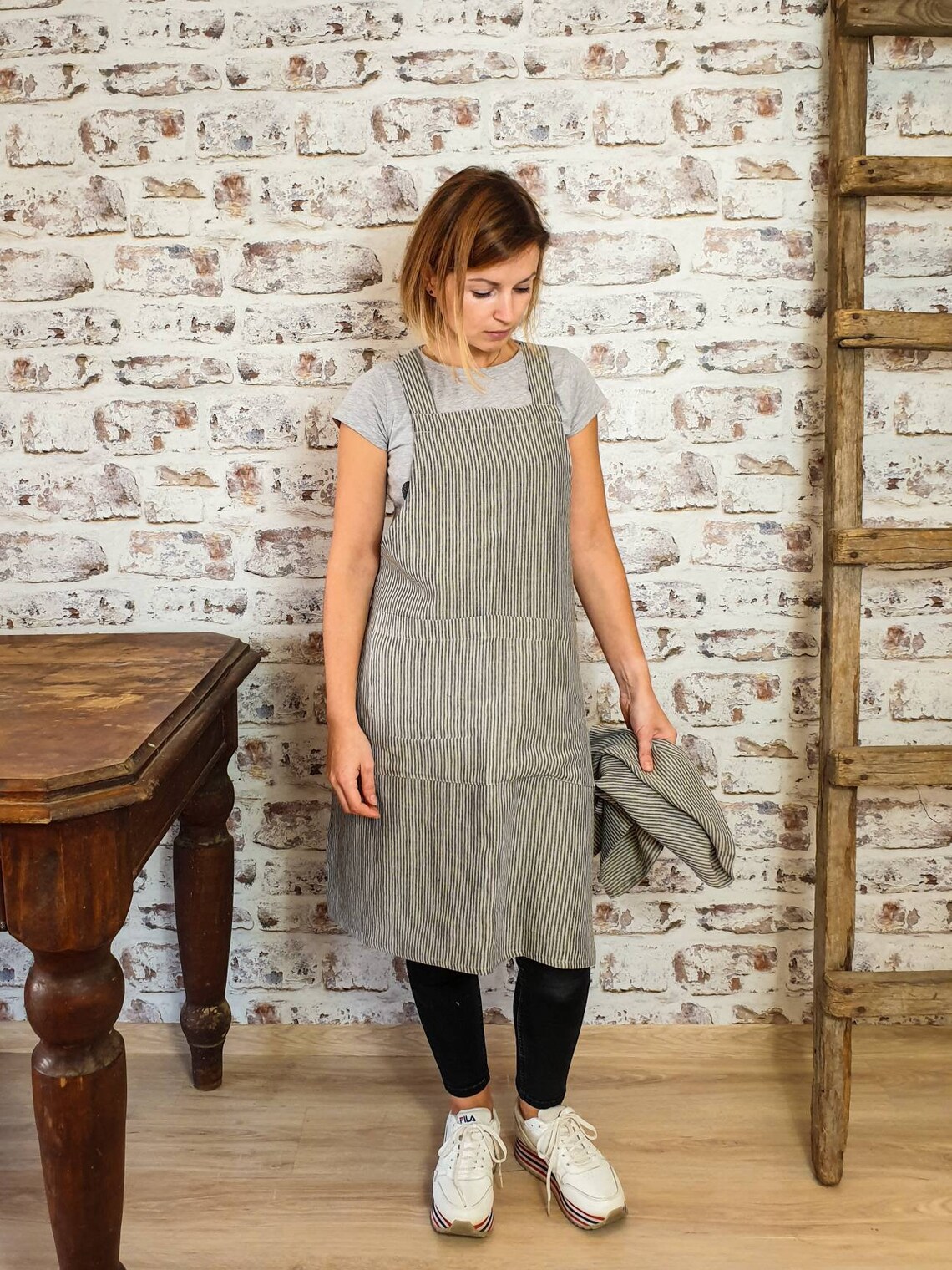 Japanese Striped Linen Apron, Cross Back Linen Apron, No Ties Washed ...