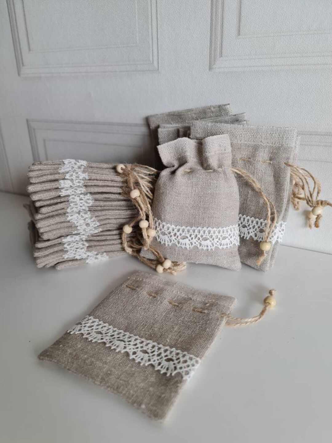 Set of 10pc Natural Rustic Linen Bags With Lace Decor, Zero Waste ...