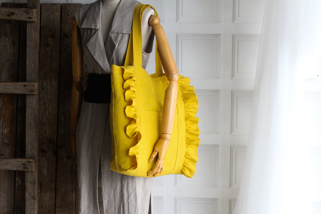 Linen Tote Bag With Ruffles Custom Color Natural Linen - Etsy