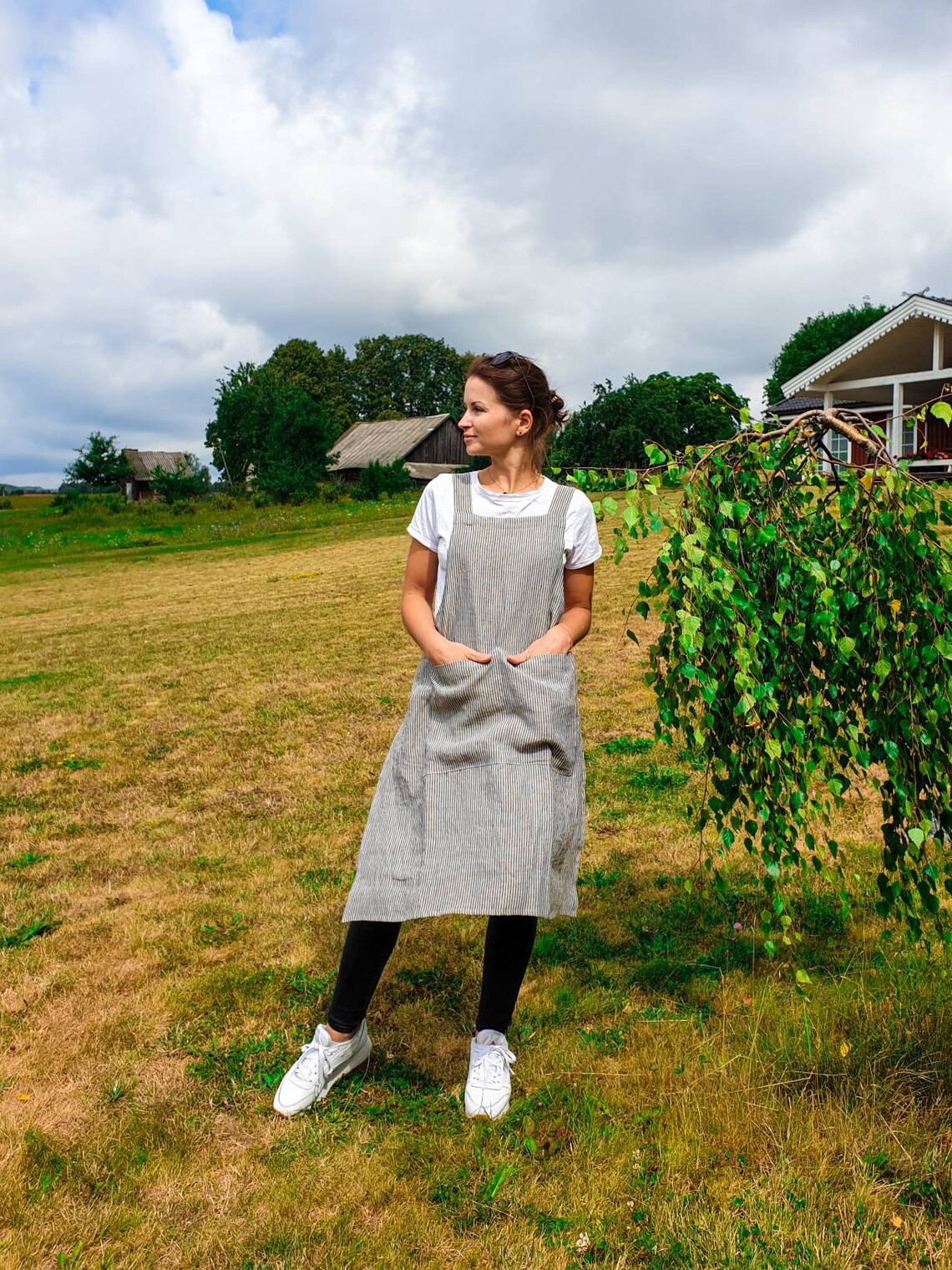 Crossed Back Linen Apron Striped Linen Apron No Ties Washed | Etsy