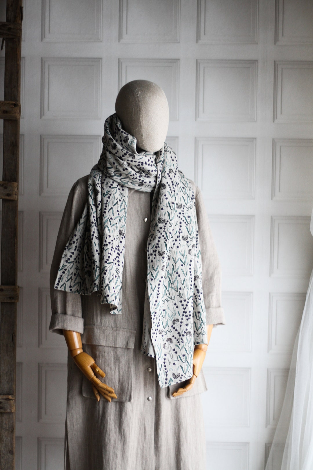 Washed Linen Wide Scarf With Lavender Flower Detail, Long Wide Floral ...