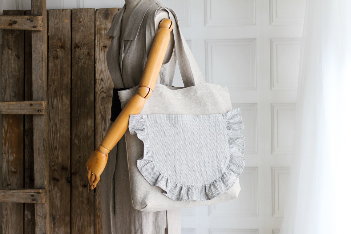 Linen Shopping Bag With Ruffled Pocket, Natural Linen Tote Bag With ...