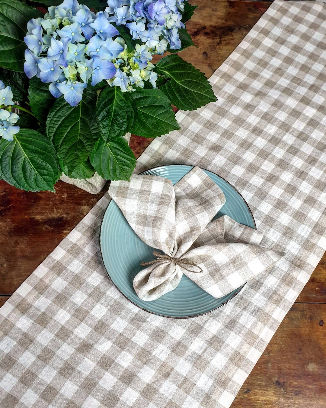 Gingham White Linen Table Runner, Checked Linen White Beige Stonewashed ...