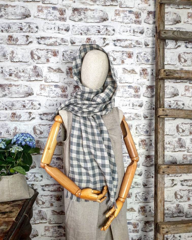 Checked Linen Scarf, Soft Natural Linen Unisex Scarf, Long Stonewashed ...