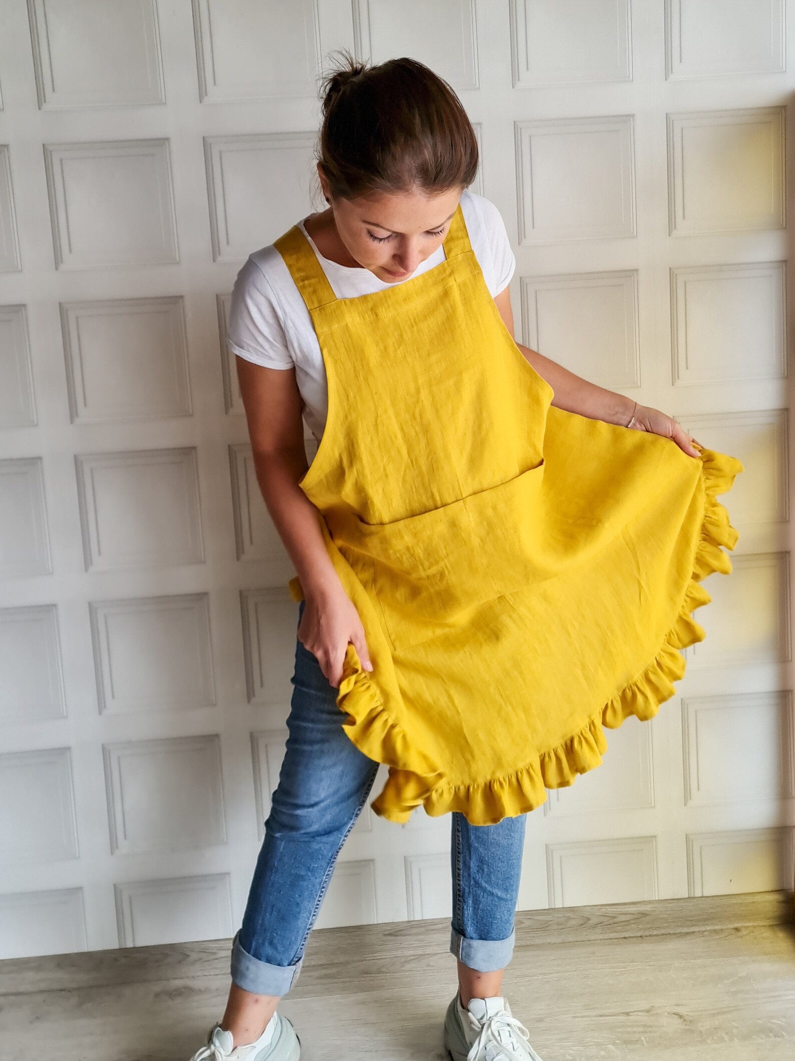 Linen Apron With Ruffles, Cross Back Ruffled Linen Apron, No Ties ...