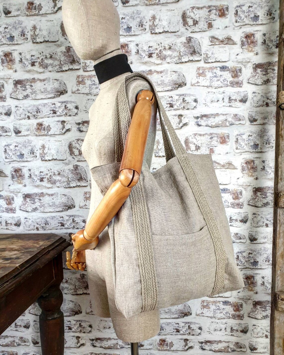 Linen Shopping Bag With Woven Linen Handles and Pocket, Big Rustic ...