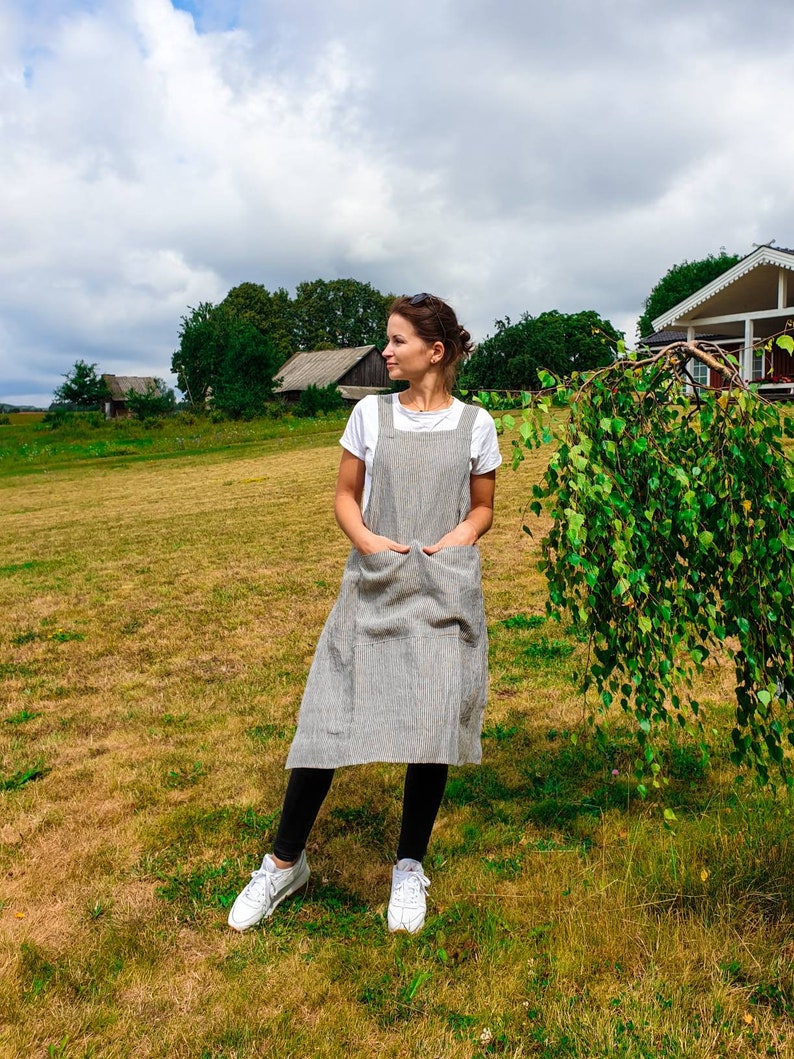 Gingham Cross Back Linen Apron, Stonewashed Linen Apron, No Ties Washed ...