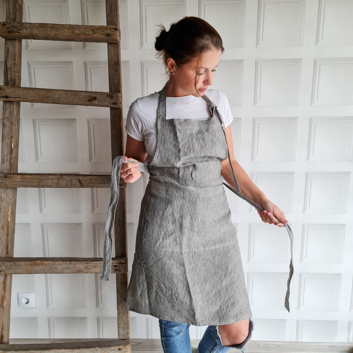 Striped Linen Apron, Linen Kitchen Dress, Rustic Linen Apron With ...